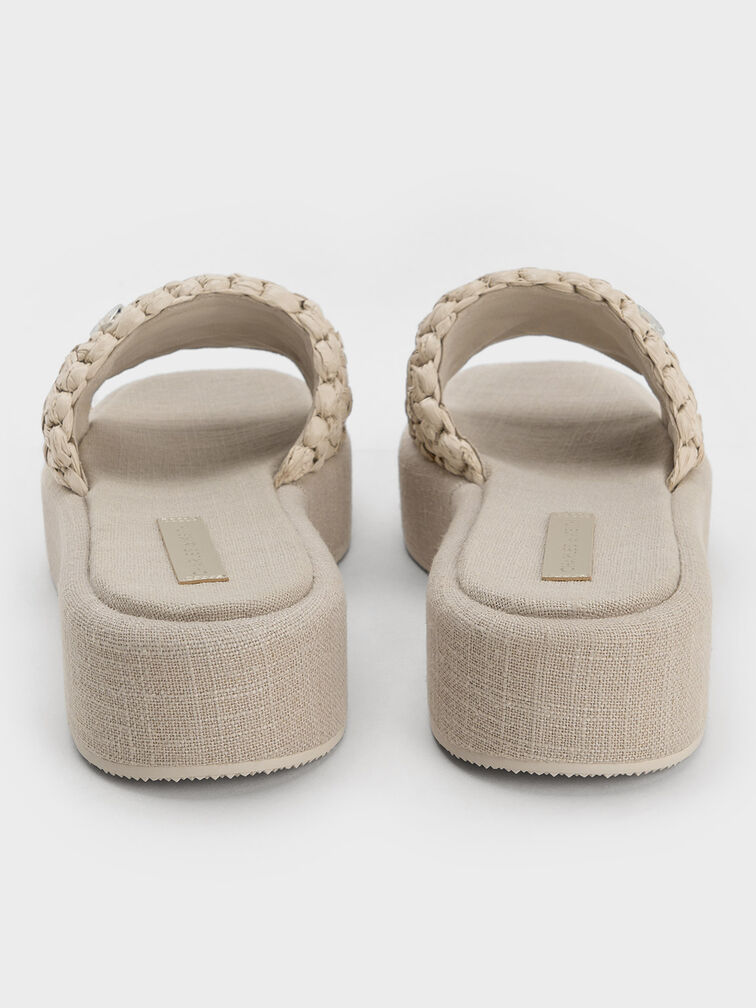 Beige Raffia Woven Flatform Sandals - CHARLES & KEITH TH