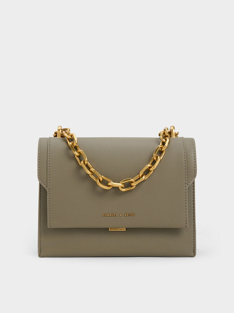 กระเป๋าสะพายข้าง Khaki Front Flap Chain Handle Crossbody Bag - CHARLES ...