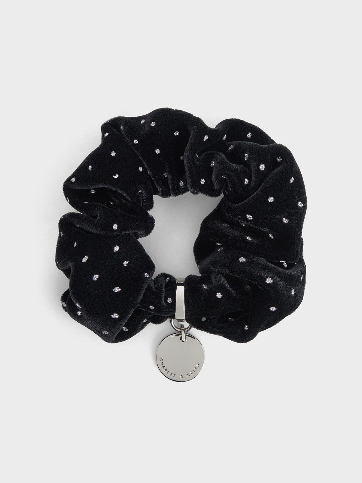 Black Textured Velvet Dotted Scrunchie - CHARLES & KEITH TH
