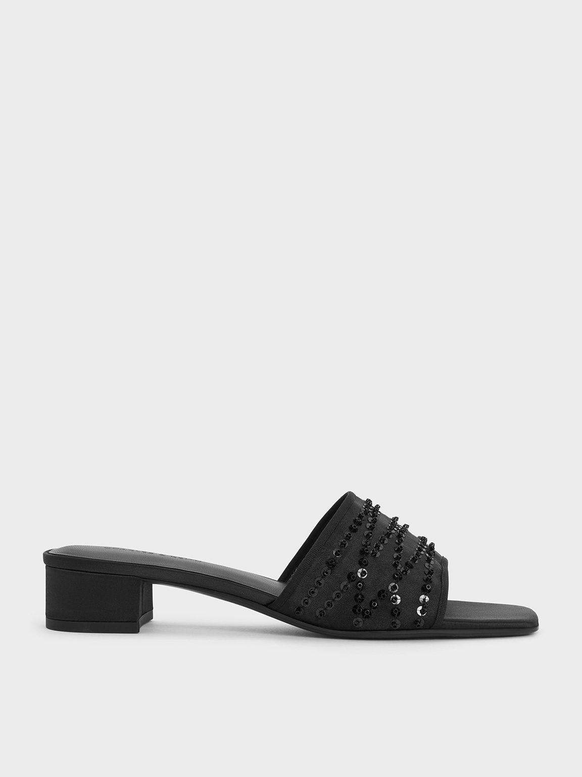 Black Textured Mesh Sequinned Block-Heel Mules - CHARLES & KEITH TH